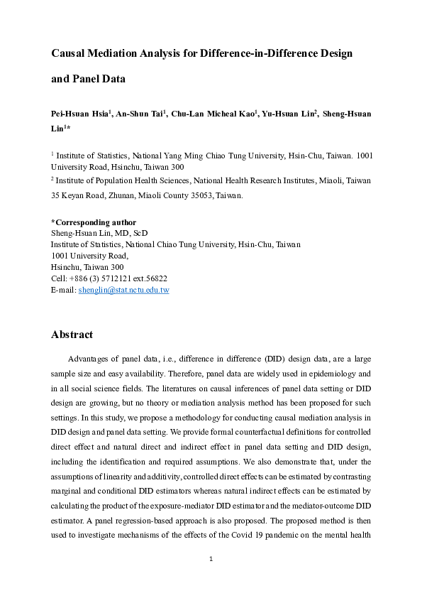 Pdf Causal Mediation Analysis For Difference In Difference Design And