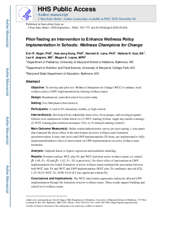 (PDF) Pilot-Testing an Intervention to Enhance Wellness Policy ...
