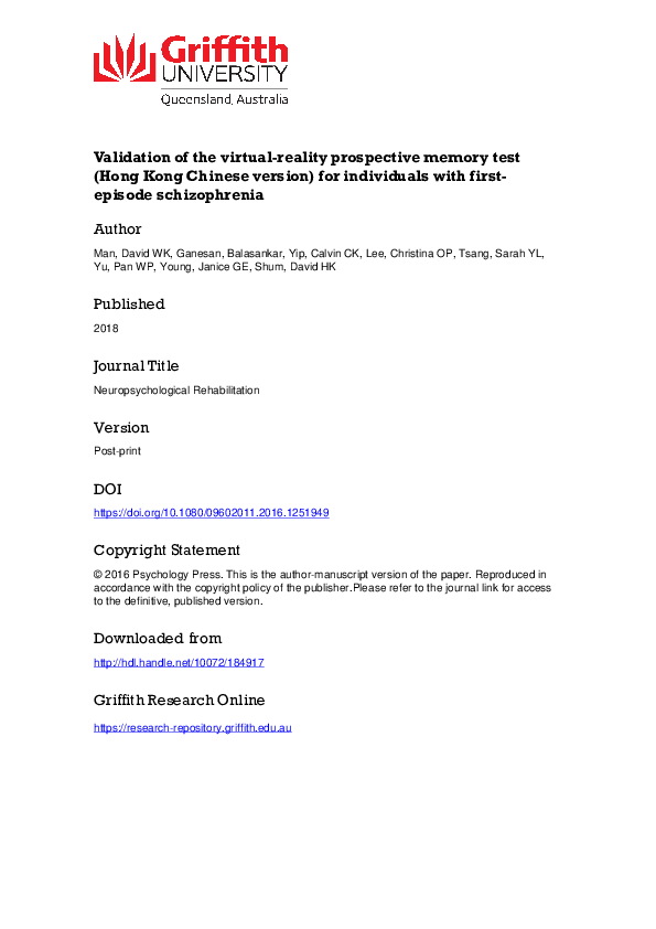 (PDF) Validation of the virtual-reality prospective memory test (Hong ...