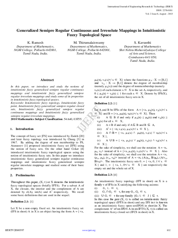 Pdf Generalized B Continuous Mappings In Intuitionistic Fuzzy Topological Spaces