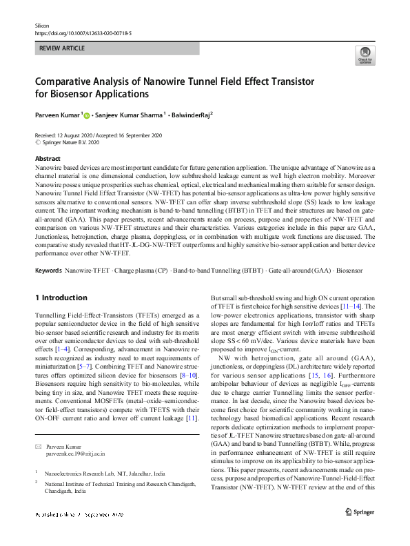 (PDF) Comparative Analysis of Nanowire Tunnel Field Effect Transistor for Biosensor Applications