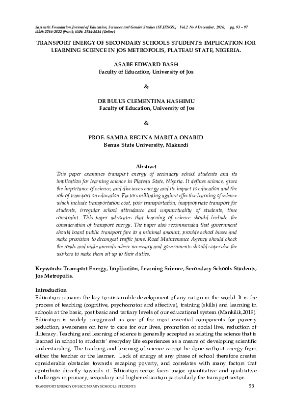 (PDF) Transport Energy of Secondary Schools Students: Implication for ...