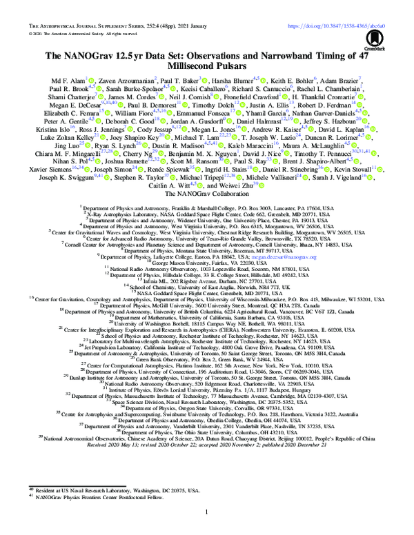 (PDF) The NANOGrav 12.5 yr Data Set: Observations and Narrowband Timing of 47 Millisecond Pulsars