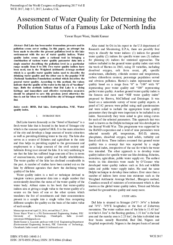 (PDF) Assessment of Water Quality for Determining the Pollution Status ...
