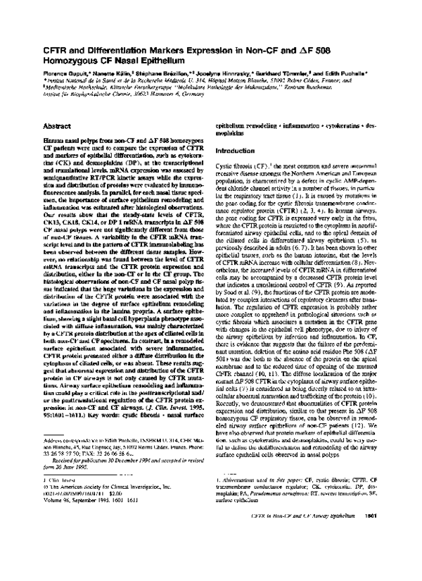 (PDF) CFTR and differentiation markers expression in non-CF and delta F ...