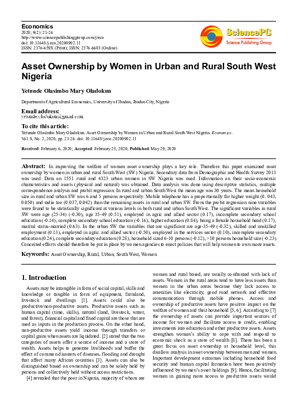 (PDF) Asset Ownership by Women in Urban and Rural South West Nigeria