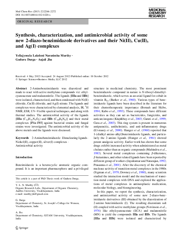 (PDF) Synthesis, characterization and antimicrobial activity of novel benzimidazole contaning ...