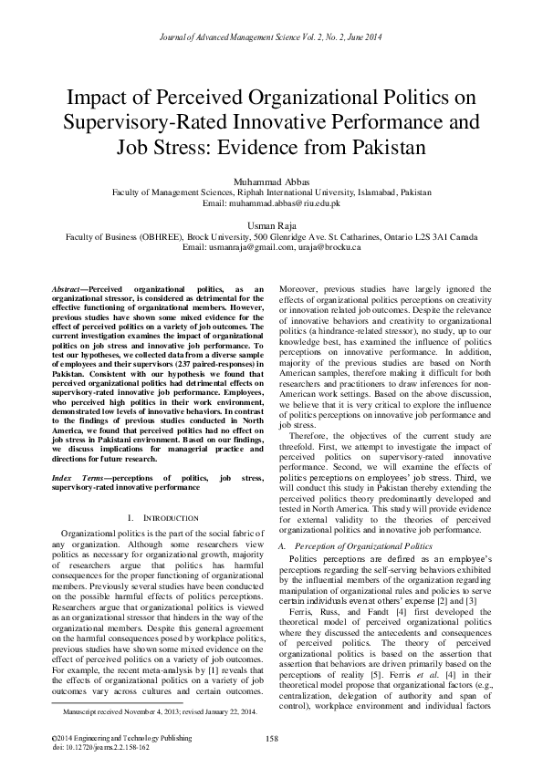 (PDF) Impact of Perceived Organizational Politics on Supervisory-Rated Innovative Performance ...