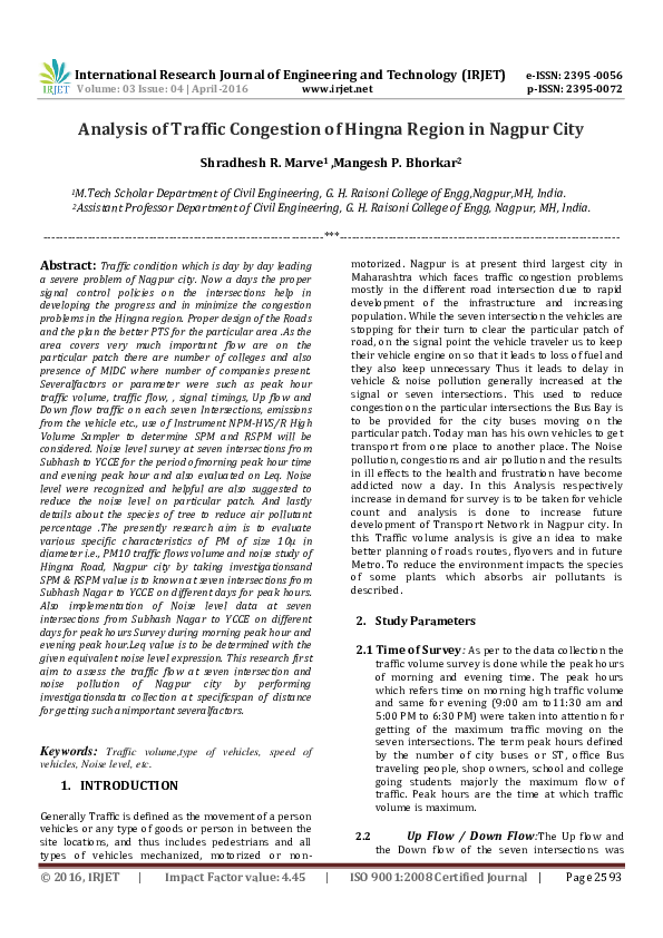 (PDF) Analysis of Traffic Congestion of Hingna Region in Nagpur City ...