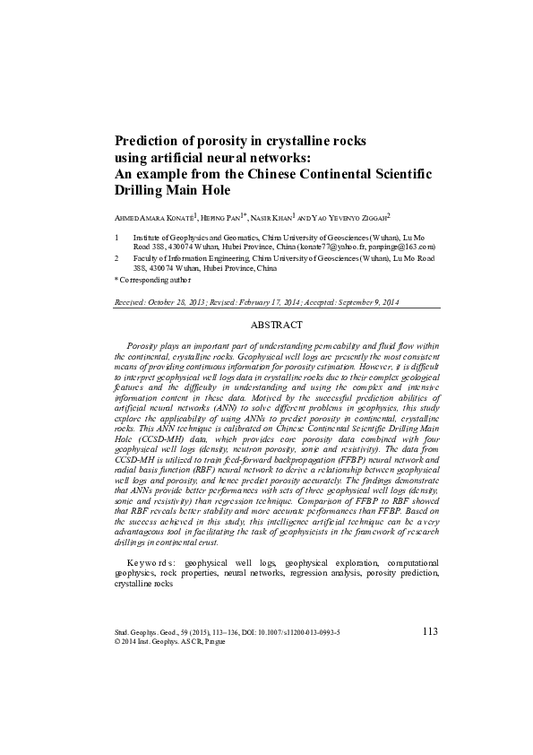 (PDF) Prediction of porosity in crystalline rocks using artificial neural networks: An example ...