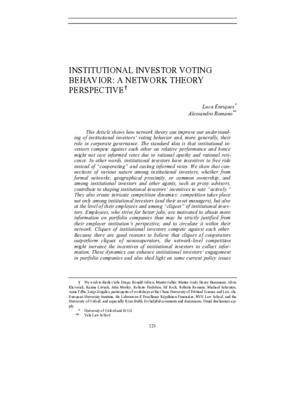 (PDF) Institutional Investor Voting Behavior: A Network Theory Perspective