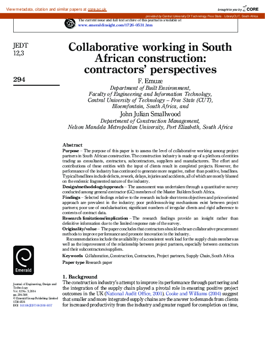 (PDF) Collaborative working in South African construction: contractors’ perspectives