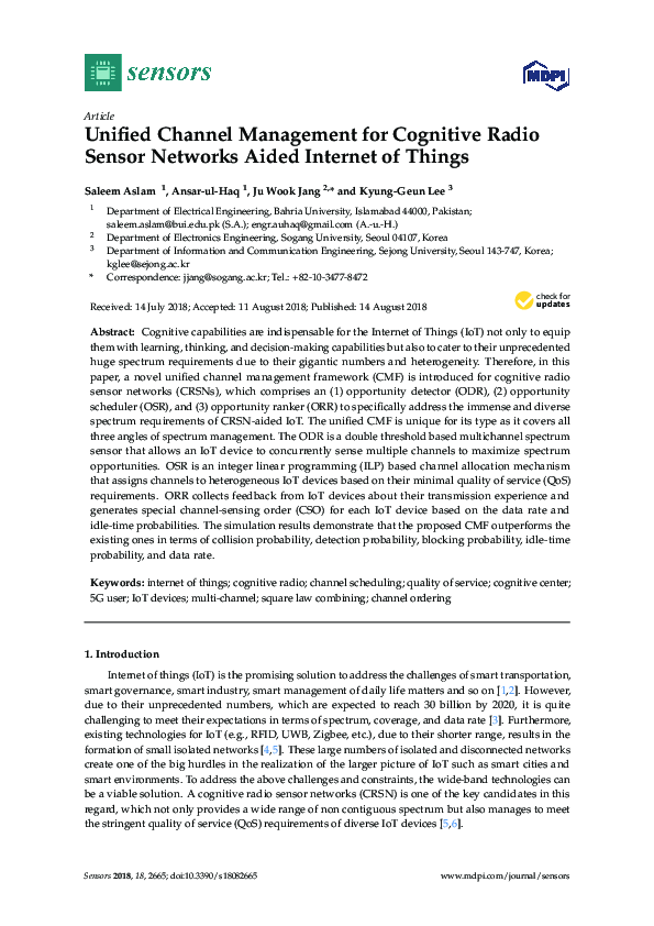 (PDF) Unified Channel Management for Cognitive Radio Sensor Networks Aided Internet of Things
