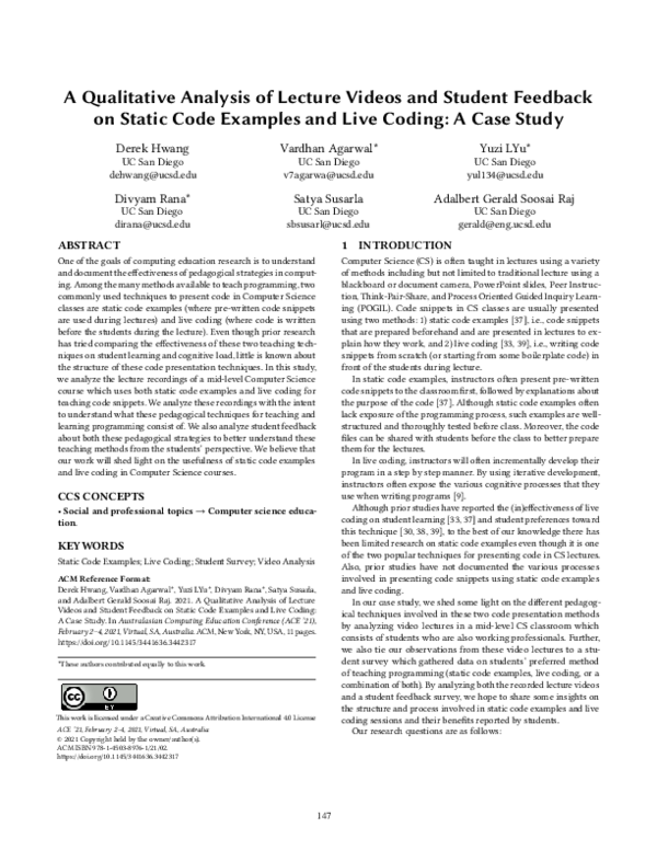 (PDF) A Qualitative Analysis of Lecture Videos and Student Feedback on ...