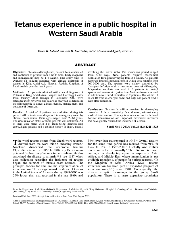 (PDF) Tetanus experience in a public hospital in Western Saudi Arabia
