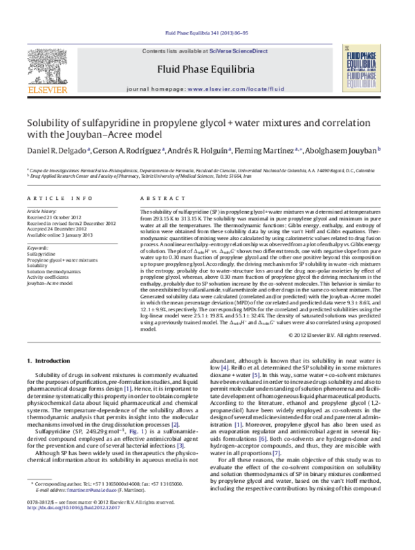 Pdf Solubility Of Sulfapyridine In Propylene Glycol Water Mixtures And Correlation With The