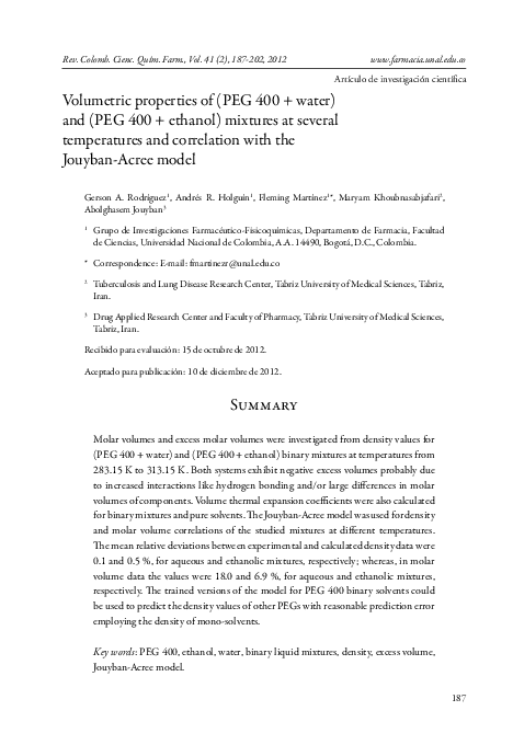 (PDF) Volumetric properties of (PEG 400+ water) and (PEG 400+ ethanol ...