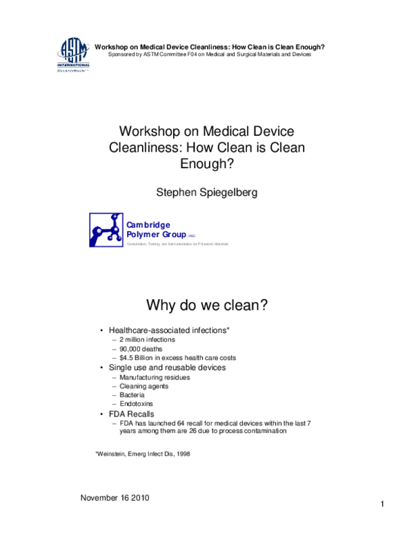 (PDF) Workshop on Medical Device Cleanliness: How Clean is Clean Enough?