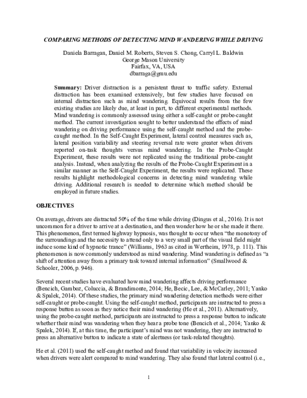 (PDF) Comparing Methods of Detecting Mind Wandering While Driving