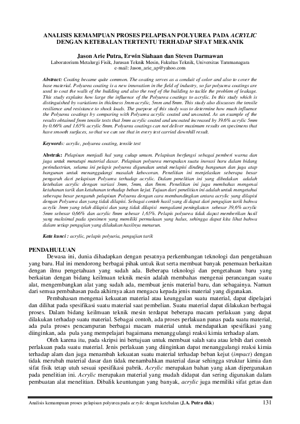 (PDF) Analisis Kemampuan Proses Pelapisan Polyurea Pada Acrylic Dengan ...