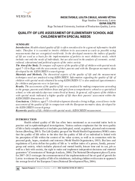 (PDF) Quality of Life Assessment of Elementary School Age Children with ...