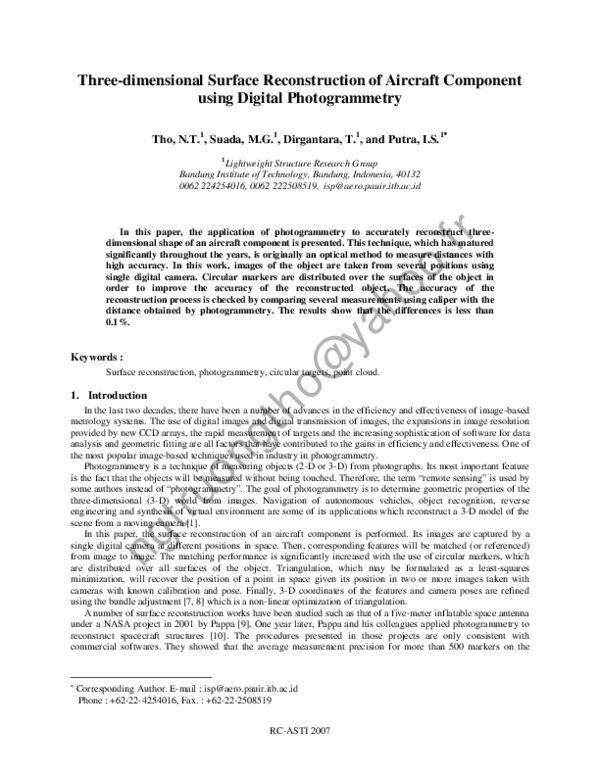 (PDF) Three-dimensional surface reconstruction of aircraft component using digital photogrammetry