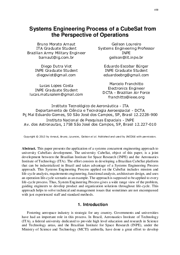 (PDF) Systems Engineering Process of a CubeSat from the Perspective of Operations