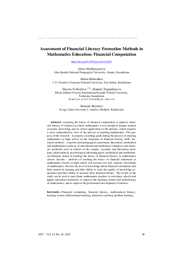 (PDF) Assessment of Financial Literacy Formation Methods in Mathematics Education: Financial ...