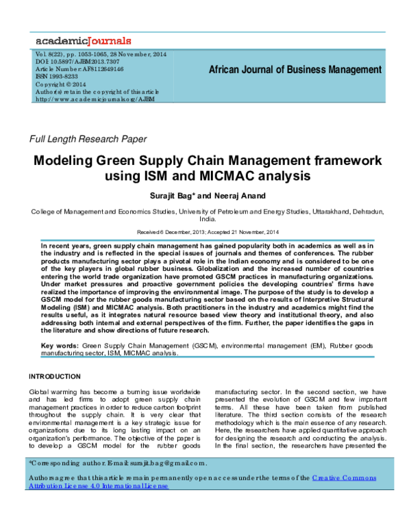 (PDF) Modeling Green Supply Chain Management Framework using ISM and ...