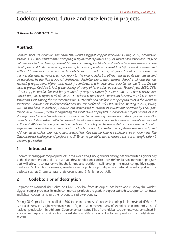 (PDF) Codelco: present, future and excellence in projects