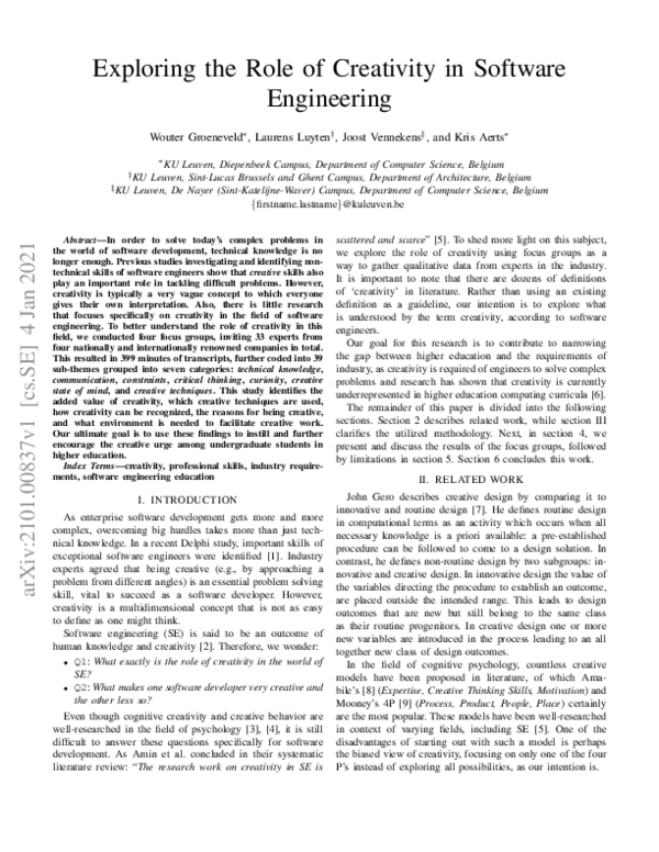 (PDF) Exploring the Role of Creativity in Software Engineering