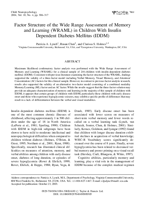 (PDF) Factor Structure of the Wide Range Assessment of Memory and ...