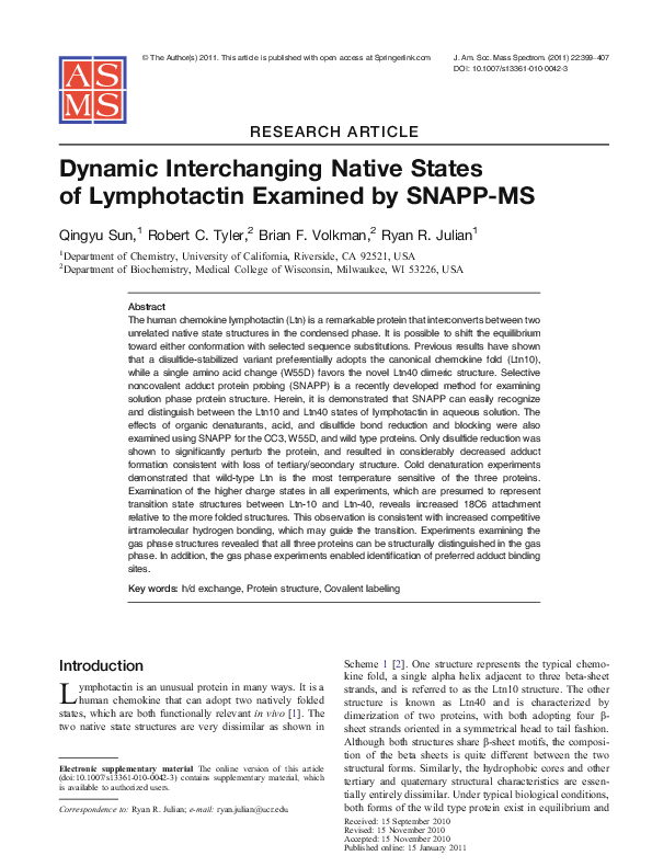 (PDF) Dynamic Interchanging Native States of Lymphotactin Examined by ...