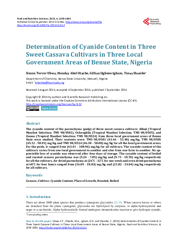 (PDF) Determination of Cyanide Content in Three Sweet Cassava Cultivars in Three Local ...