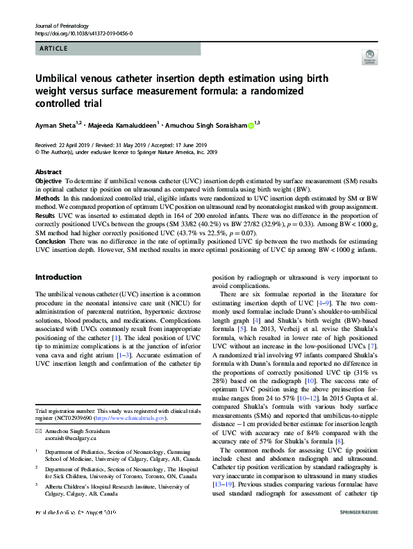 (PDF) Umbilical venous catheter insertion depth estimation using birth ...