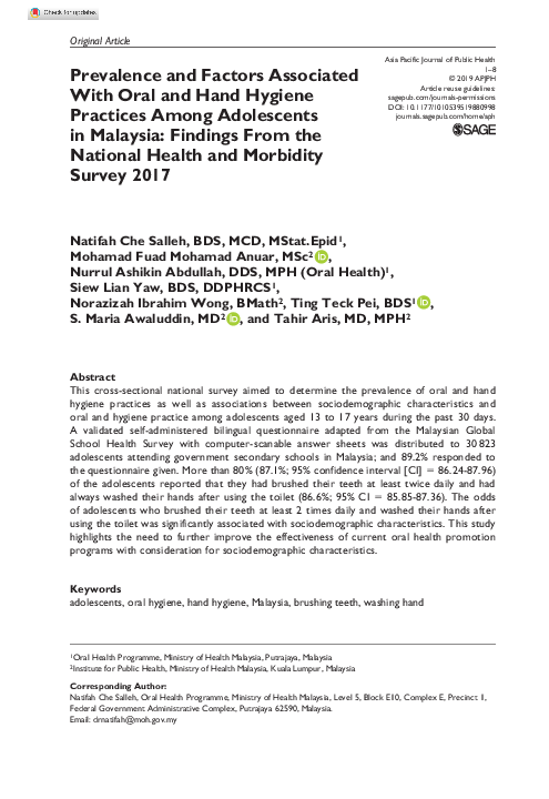 (PDF) Prevalence and Factors Associated With Oral and Hand Hygiene ...