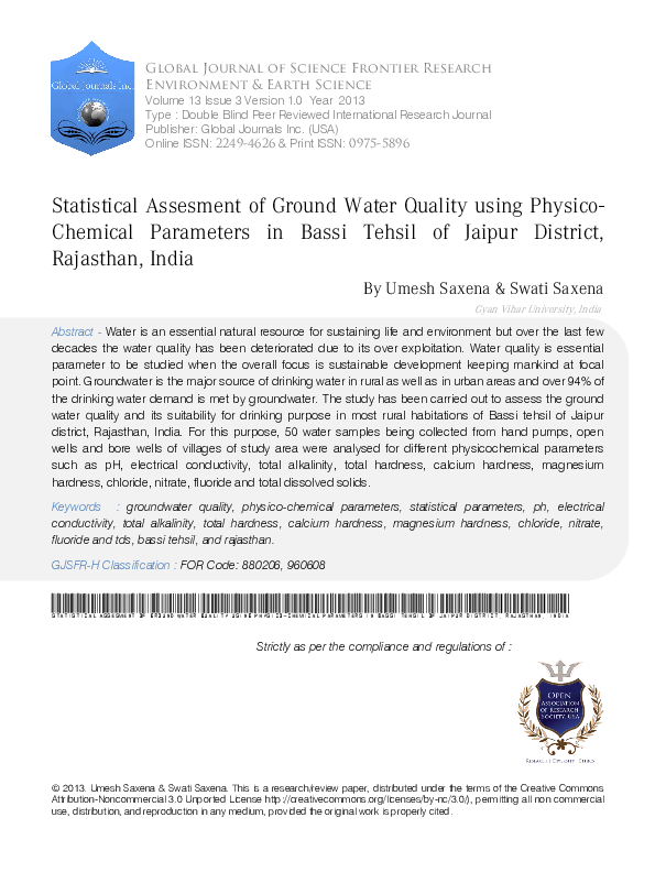 (PDF) Statistical Assesment of Ground Water Quality using Physico ...