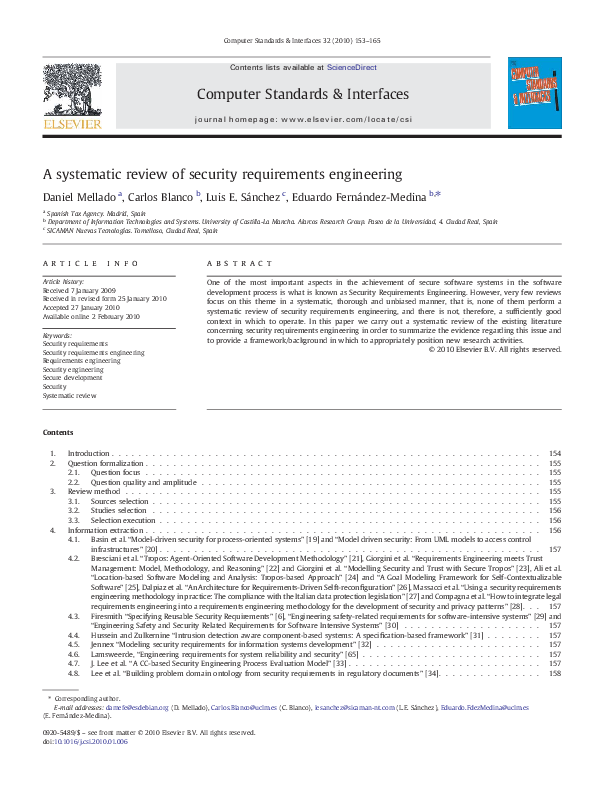 (PDF) A systematic review of security requirements engineering