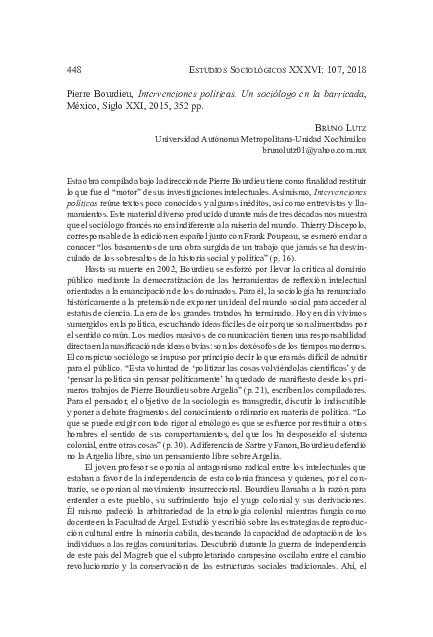 (PDF) Pierre Bourdieu, Intervenciones políticas. Un sociólogo en la barricada, Siglo XXI, México ...
