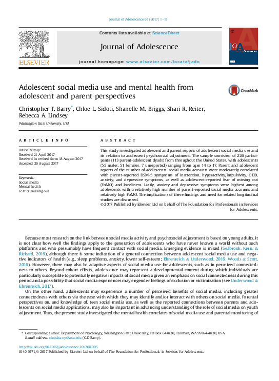 (PDF) Adolescent social media use and mental health from adolescent and ...