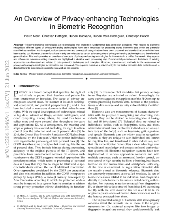 (PDF) An Overview of Privacy-enhancing Technologies in Biometric ...