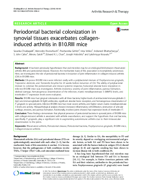 (PDF) Periodontal bacterial colonization in synovial tissues ...