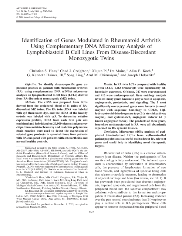 (PDF) Identification of genes modulated in rheumatoid arthritis using ...