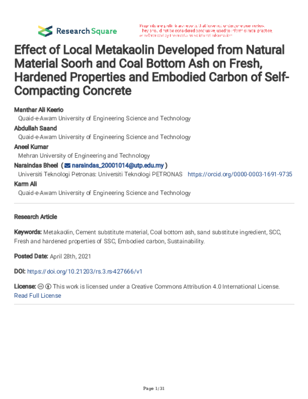 Pdf Effect Of Local Metakaolin Developed From Natural Material Soorh