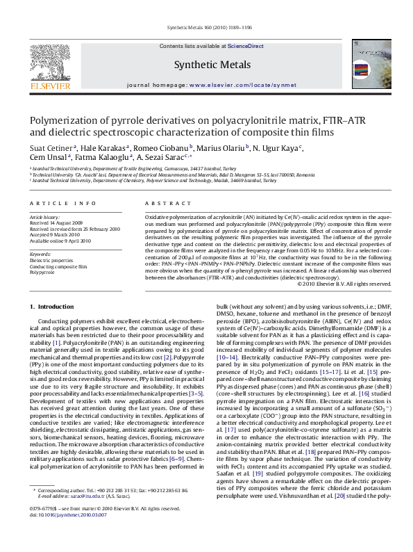 (PDF) Polymerization of pyrrole derivatives on polyacrylonitrile matrix, FTIR–ATR and dielectric ...