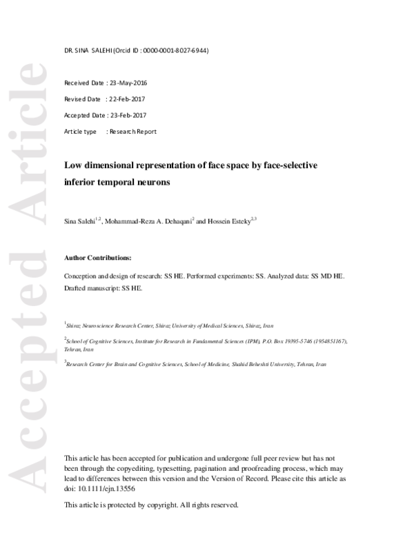 Pdf Low Dimensional Representation Of Face Space By Face Selective Inferior Temporal Neurons