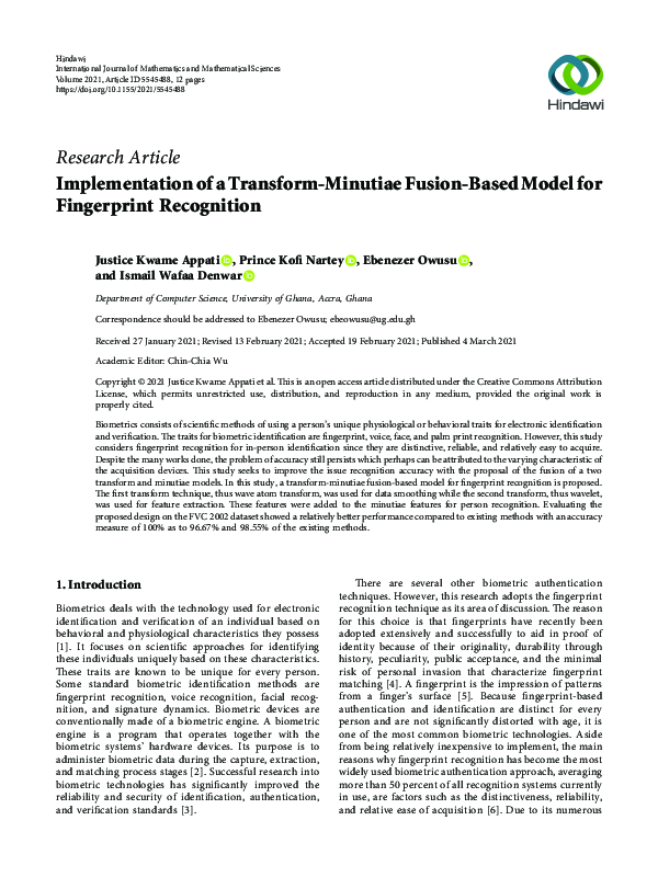 Pdf Implementation Of A Transform Minutiae Fusion Based Model For Fingerprint Recognition