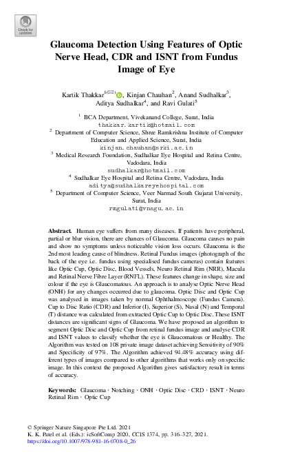 Pdf Glaucoma Detection Using Features Of Optic Nerve Head Cdr And Isnt From Fundus Image Of Eye