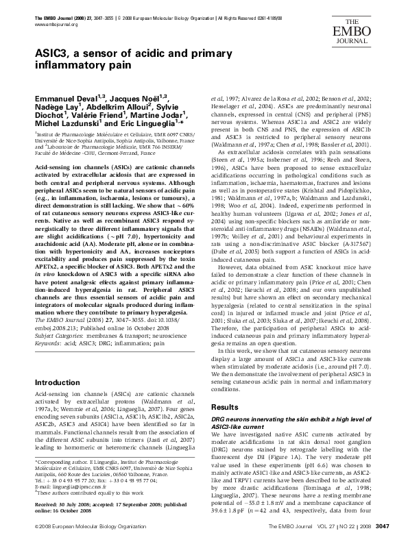 (PDF) ASIC3, a sensor of acidic and primary inflammatory pain