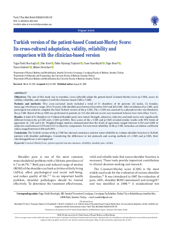 (PDF) Turkish version of the patient-based Constant-Murley Score: Its cross-cultural adaptation ...
